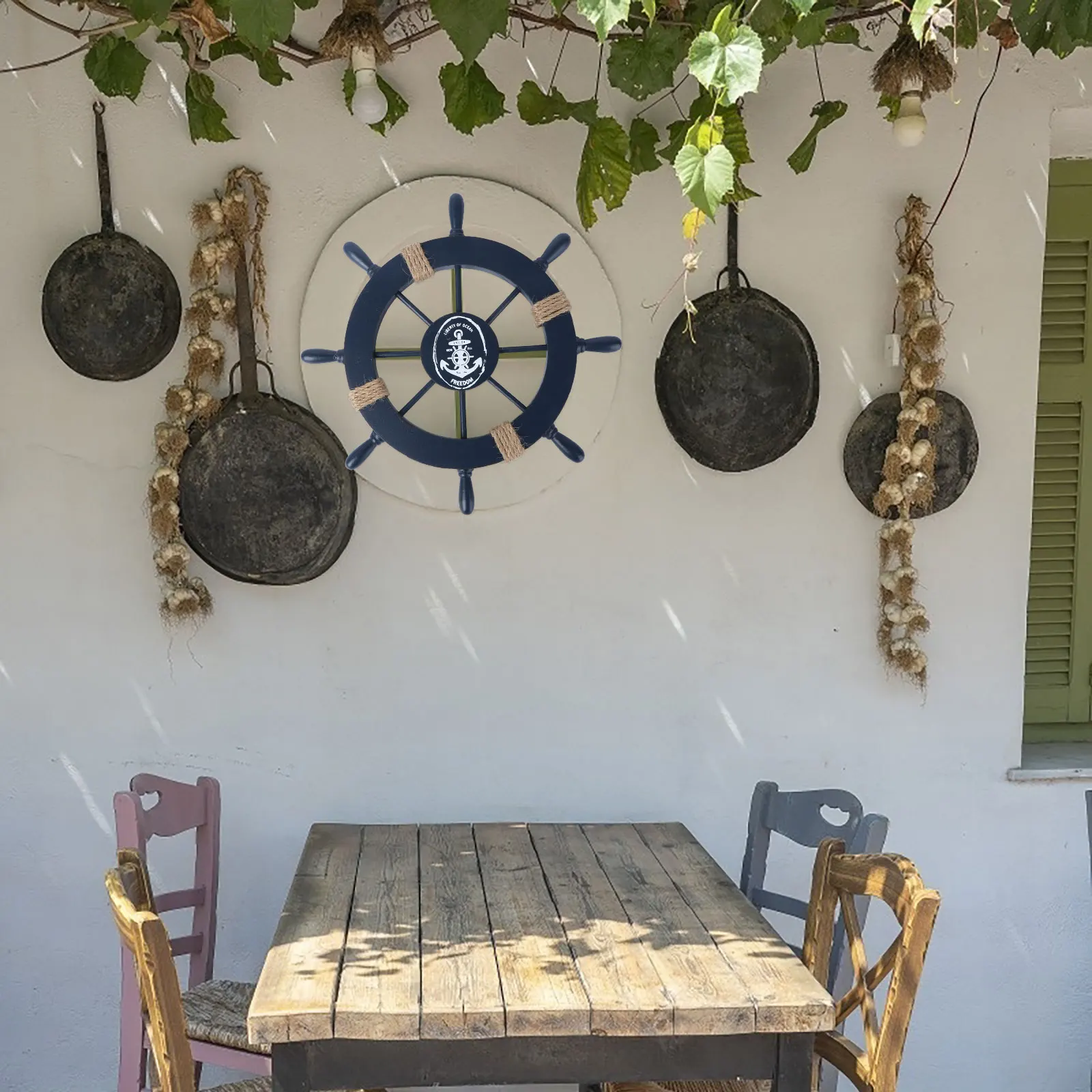 Statue deco,Roue de bateau nautique en bois style méditerranéen,décoration murale de fête,motif ...
