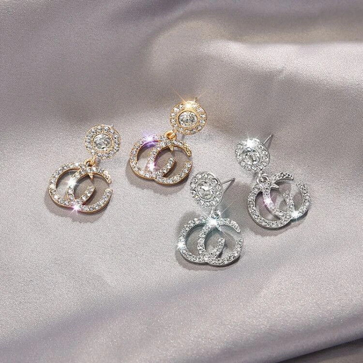 .New Double C-Shape Pendant Drop Earrings for Women Lady Full Crystal ...