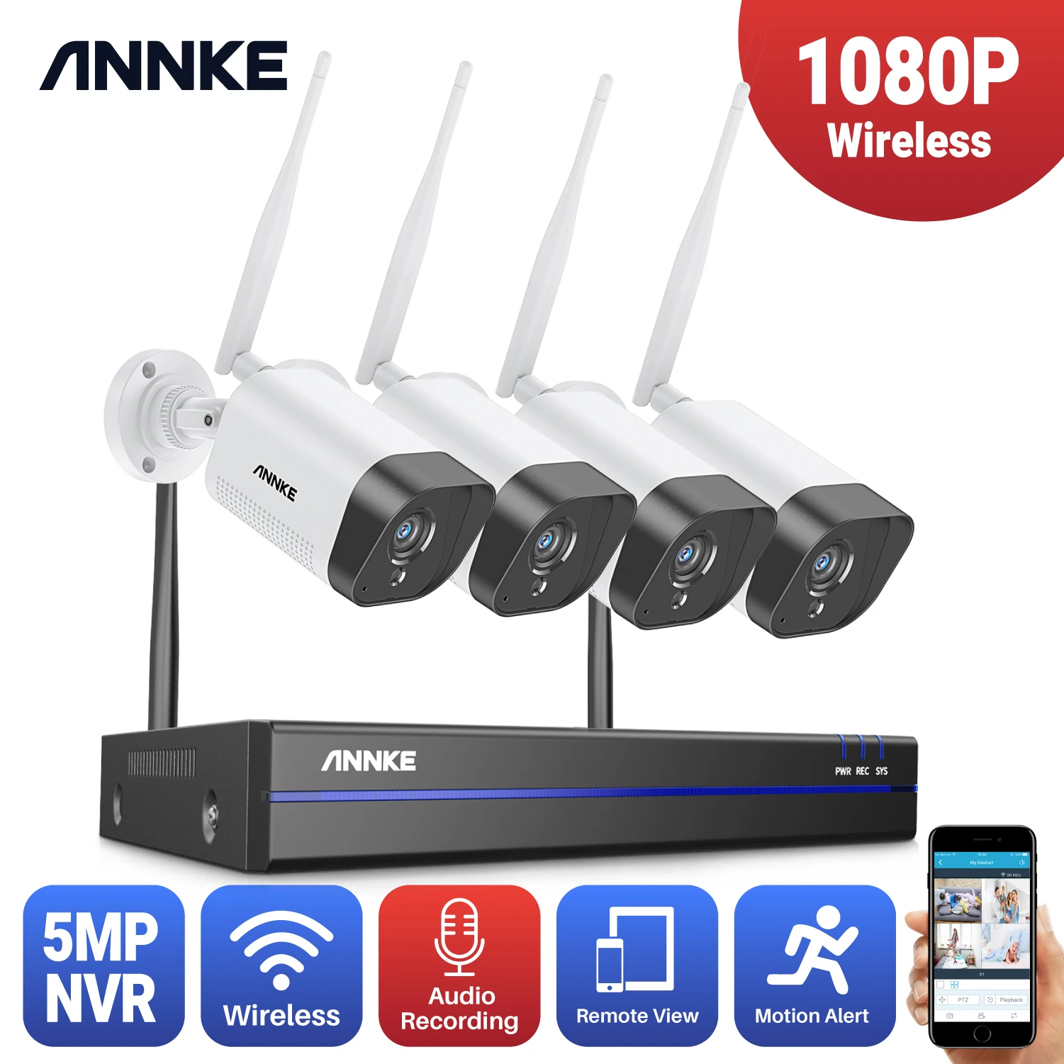 ANNKE 8CH 1080P FHD Wi Fi Wireless NVR CCTV System 4PCS IP Camera WIFI ...