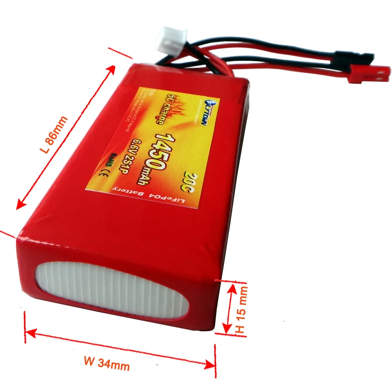 1/2PCS Flytown 1450mAh 2S1P 6.6V 20C~40C LiFePO4 Receiver Battery RX TX ...