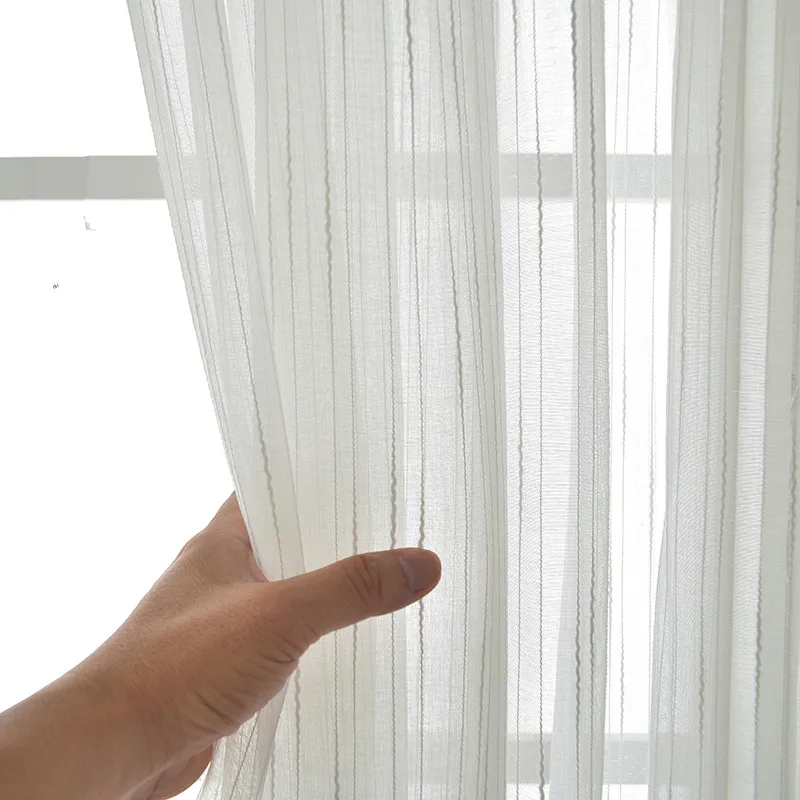 White All match Linen Stripe Window Screens Sheer Curtains For Living ...