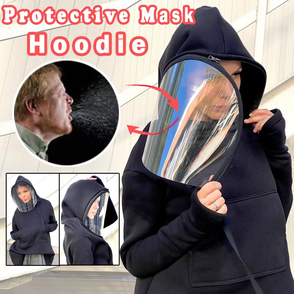 Shield Hooded Asymmetric Hoodie Fleece Full Face Covering Tops Fashion ...