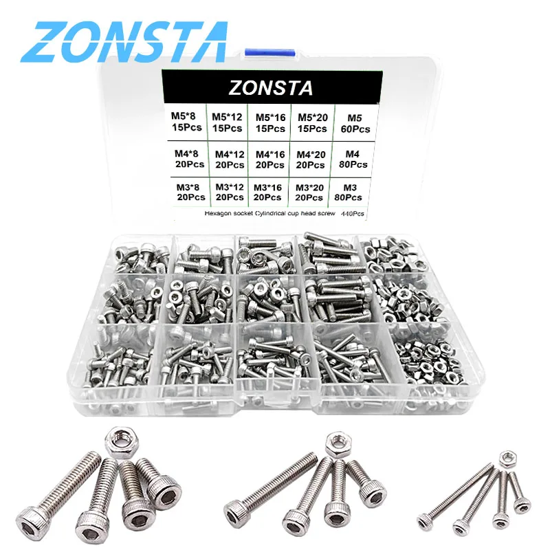440pcs Hexagon Hex Socket Cup Head M3 M4 M5 Bolts and Nuts Combination ...
