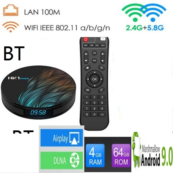 Caixa de smart tv hk1 max, android 9.0, 10 peças, 2.4 ghz/5 ghz, dual ...