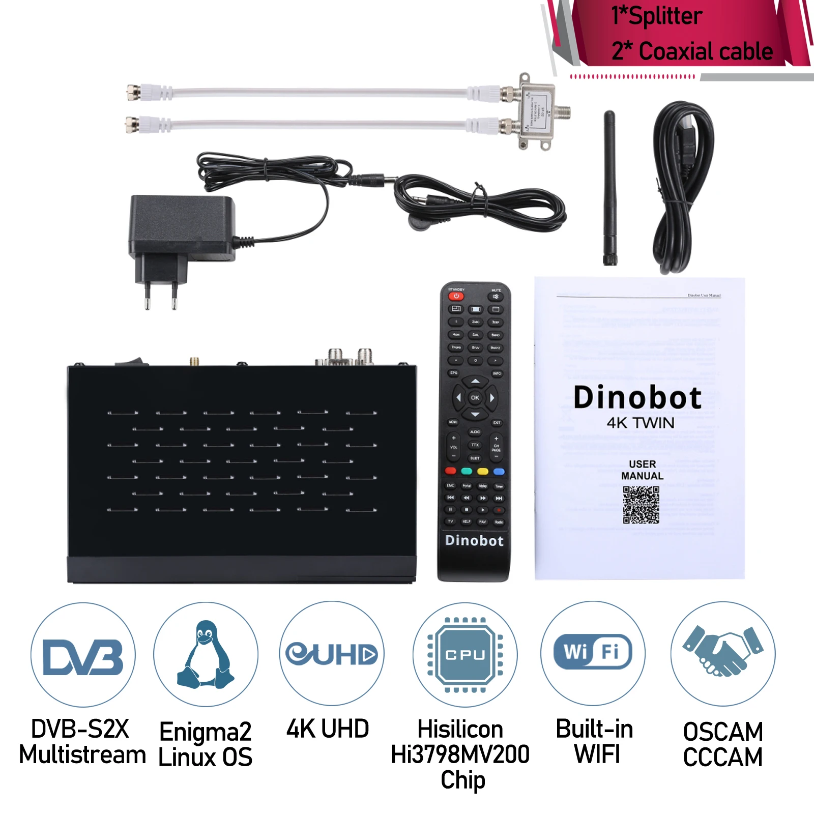 Receptor de satélite Dinobot 4K Twin UHD Linux E2, decodificador con sintonizador Multistream de ...