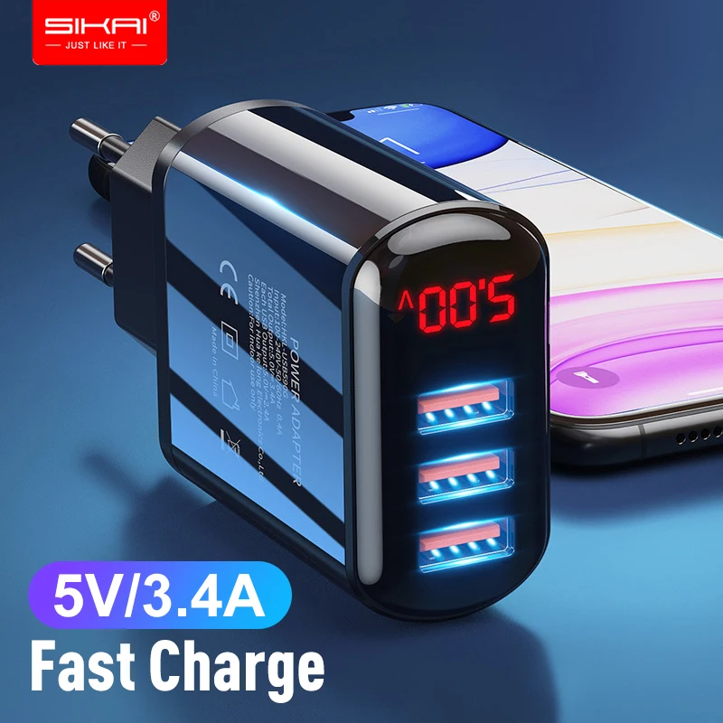 USB Fast charging 3 Port Led Display Fast Charge 3.4A EU Wall Charger ...