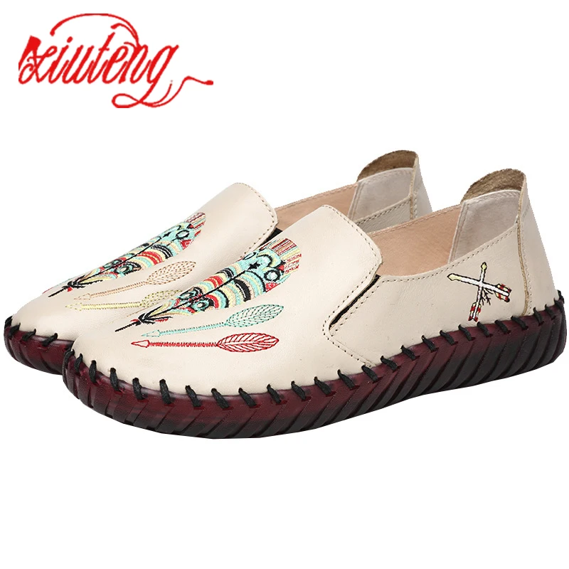 Xiuteng zapatos planos con bordado para mujer, mocasines informales de cuero genuino, cómodos ...
