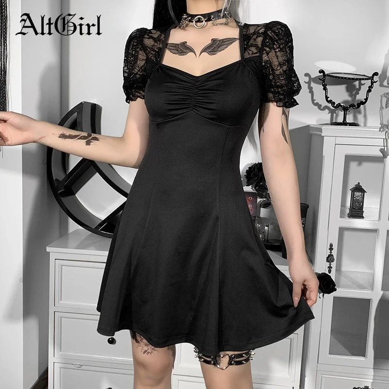 AltGirl Vintage Gothic Black Dress Women Punk Harajuku Streetwear Lace ...