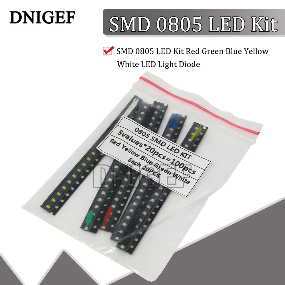 5 Colors X 20pcs =100pcs Smd 0805 Led Kit Red Green Blue Yellow White ...