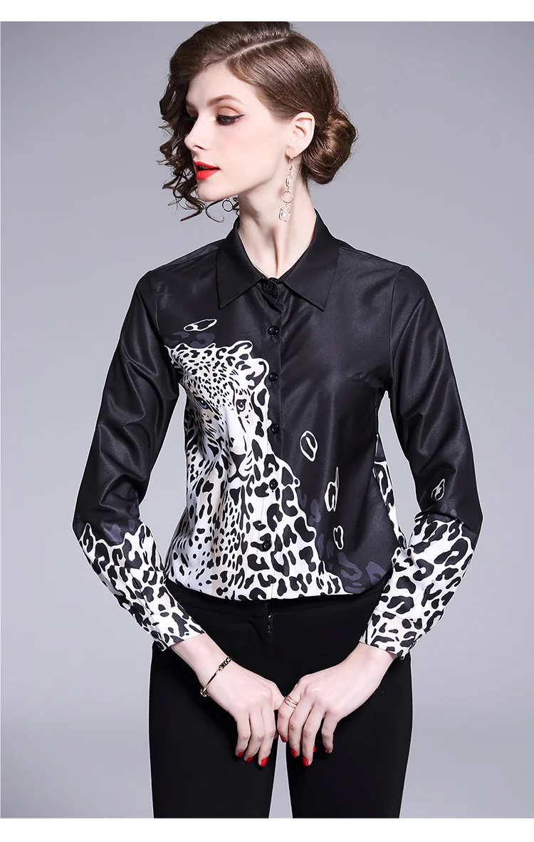 Camisa de leopardo feminina manga longa turn down collar trabalho casual blusas das senhoras das ...