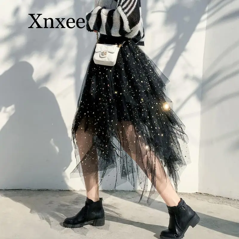 Saia midi estilo coreano, peça saia plissada com lantejoulas estrelas ...