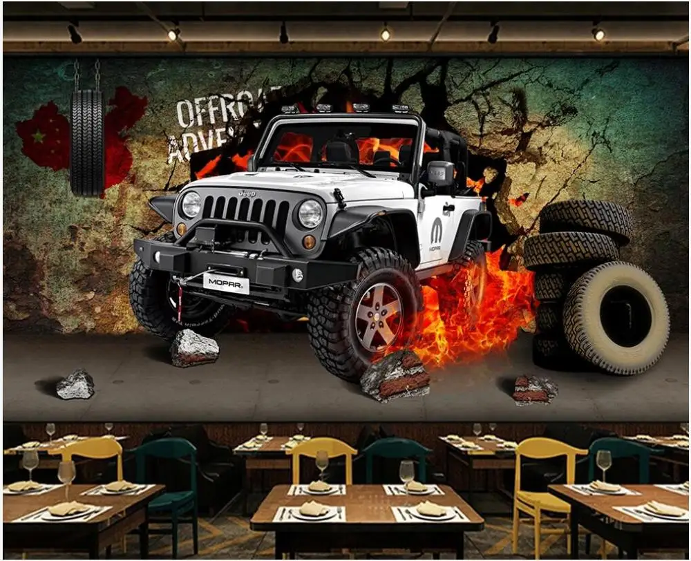 3d-wall-murals-wallpaper-for-living-room-Jeep-car-broken-wall-tv ...