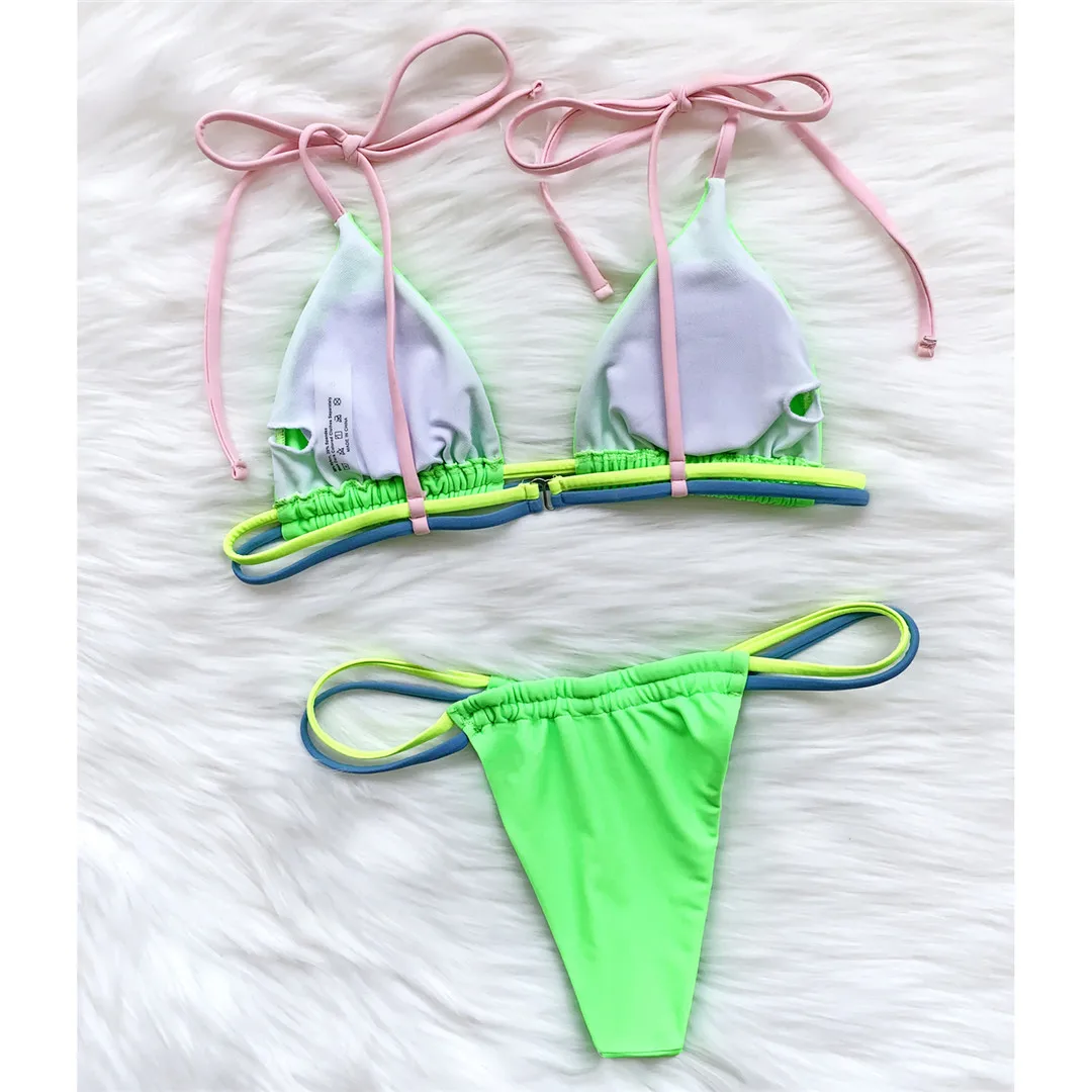 Sun Imperial Women Royal Blue Micro Bikini Thong With Neon Blue Yellow And Pink Triple Color