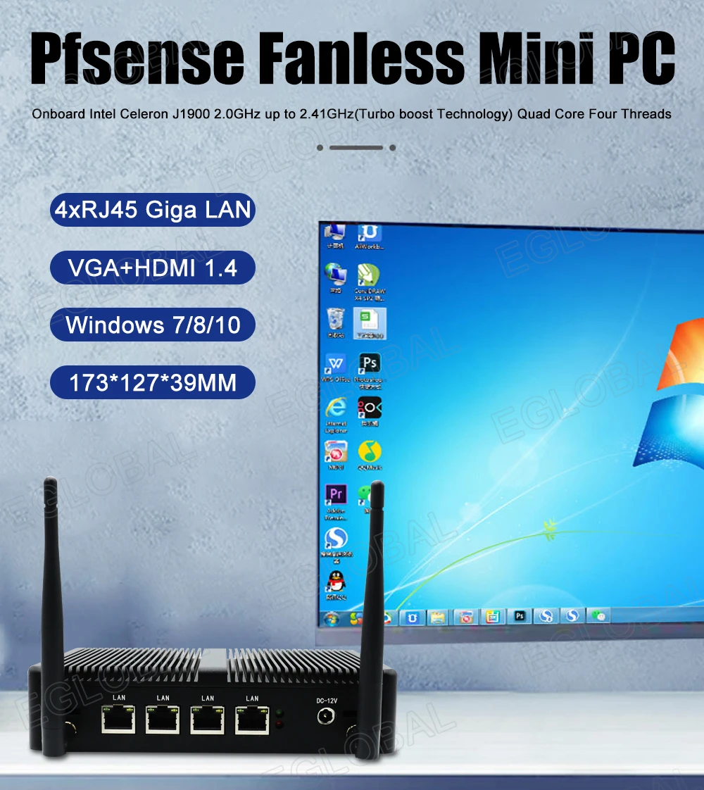 Eglobal Fanless Pfsense Mini Pc J1900 Quad Core 4*intel Wg82583 Gigabit ...