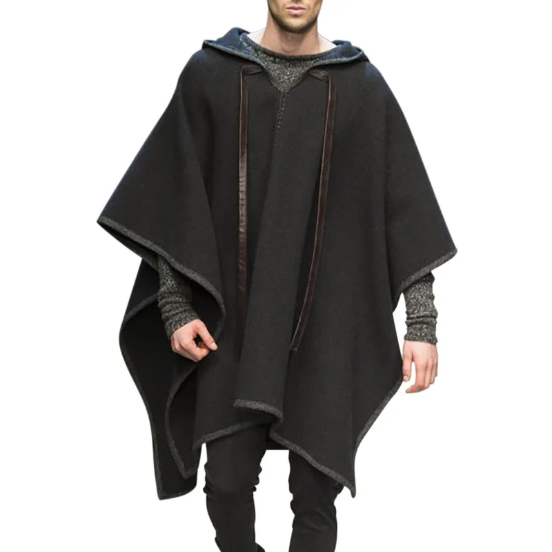 Fashion Men Cloak Coats Cape Woollen Hooded Jackets Solid Color ...