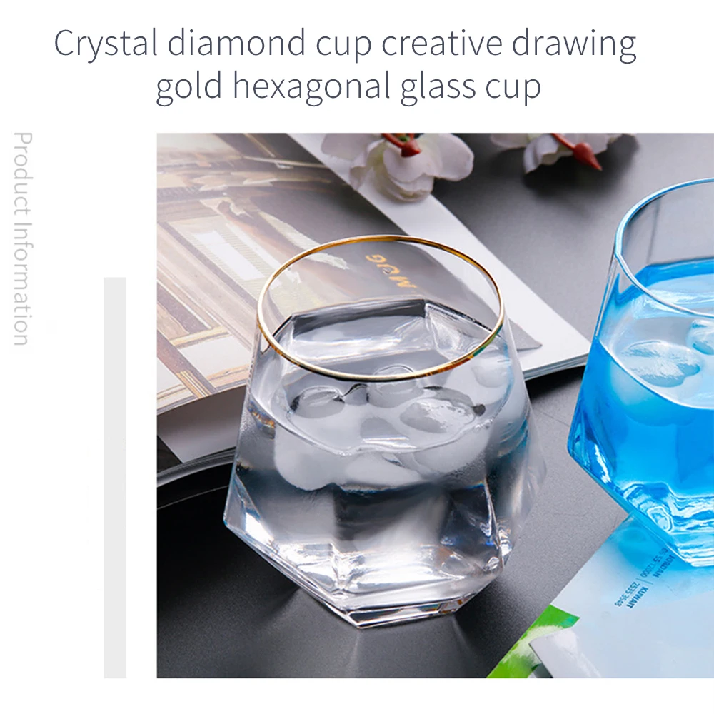 Geometry Whiskey Glass Diamond Crystal Glass Cup Golden Rim Transparent ...
