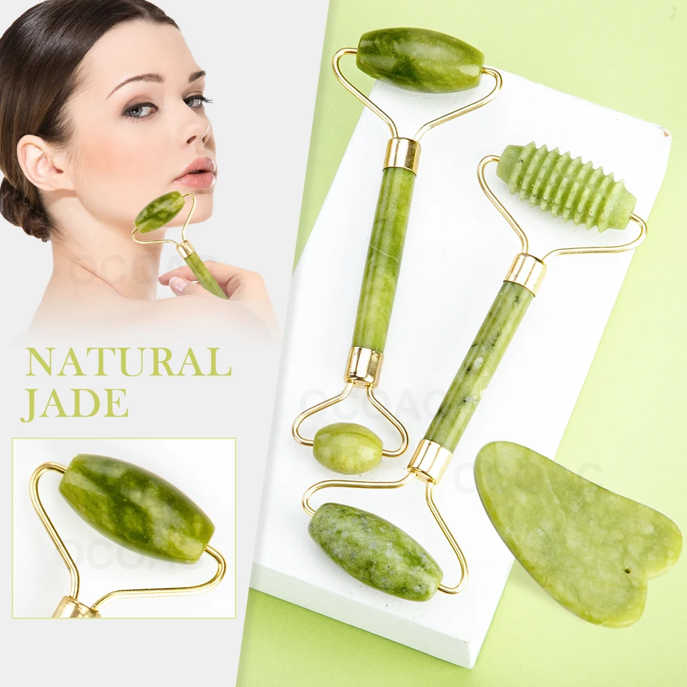 Rodillo de Jade verde para masaje Facial, rodillo masajeador Gua Sha de piedra de Jade para ...