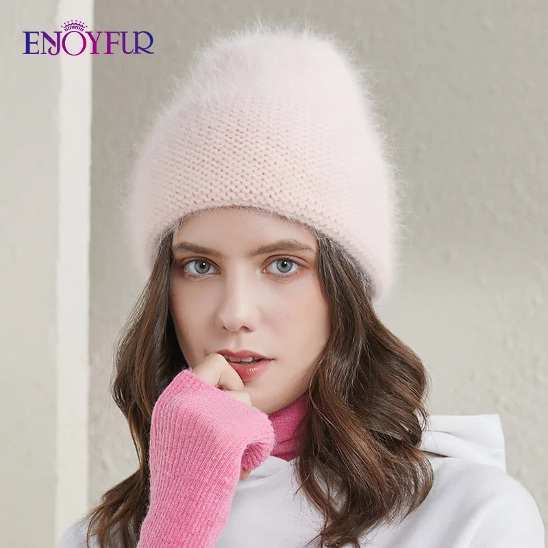 ENJOYFUR women's winter hats angola rabbit fur cuffed beanie hat fashion female warm solid color ...