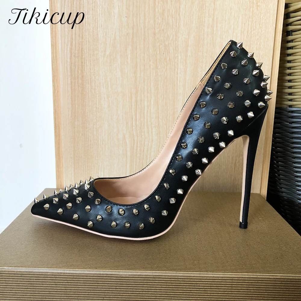 Tikicup Silver Spikes Women Black Matte Sexy Stiletto High Heels Ladies ...