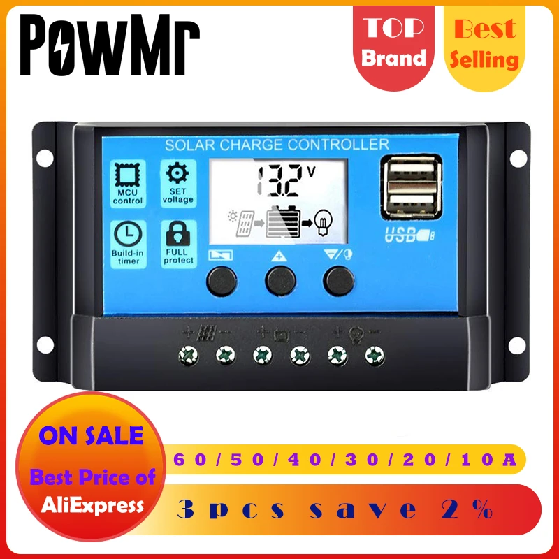 60A/50A/40A/30A/20A/10A 12V 24V Auto Solar Charge Controller PWM Controllers LCD Dual USB 5V ...