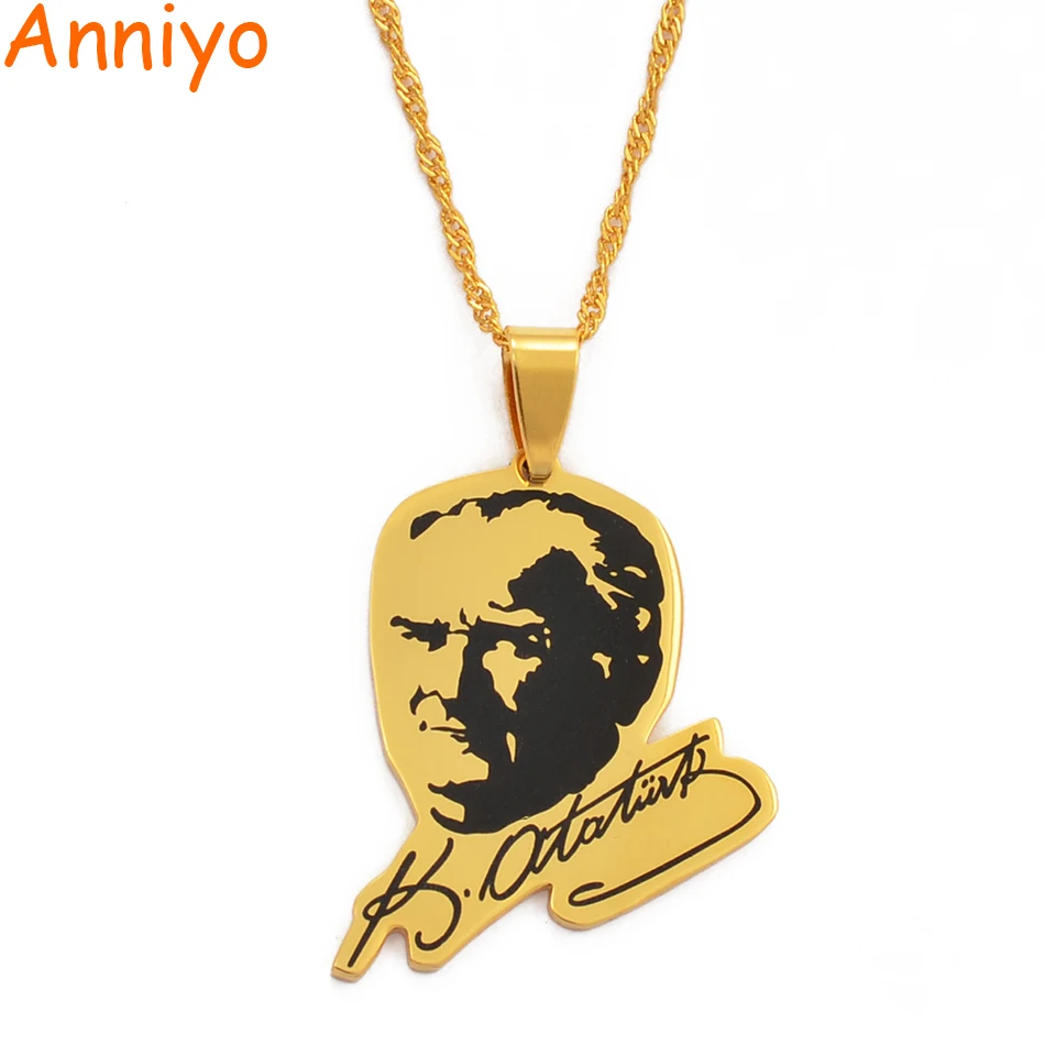 Anniyo Turkey Mustafa Kemal Ataturk Pendant Necklace For Women Gold ...