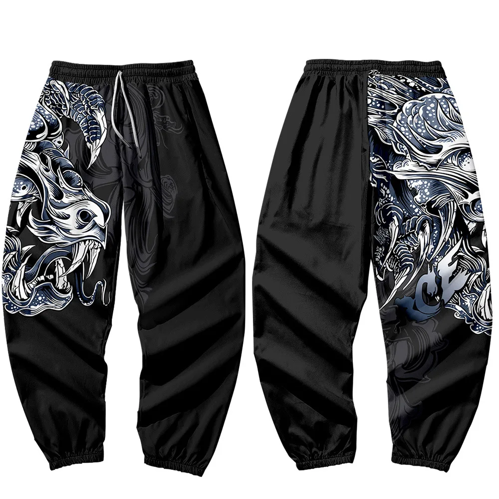 Dragon Printed Streetwear Cargo Pants Men's Black Casual Loose Japanese ...