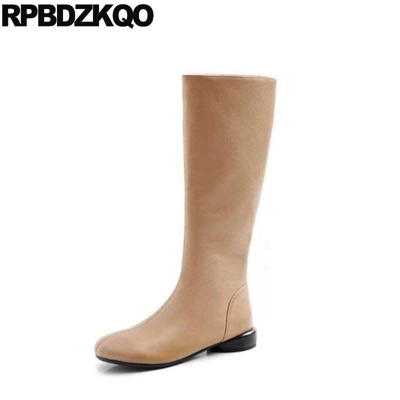 Botas de punta redonda de cuero genuino para mujer, zapatos planos de ...