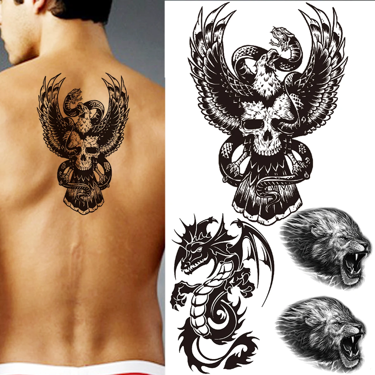 Black-Owl-Skull-Temporary-Tattoos-For-Men-Adult-Realistic-Fake-Mamba ...