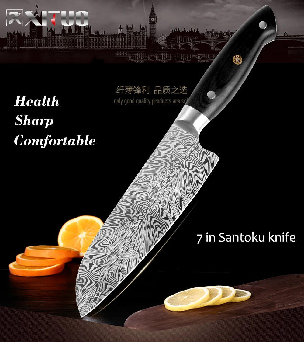 New High quality Damascus Feather Pattern Knife Chef Knives Laser Damascus steel Santoku kitchen ...