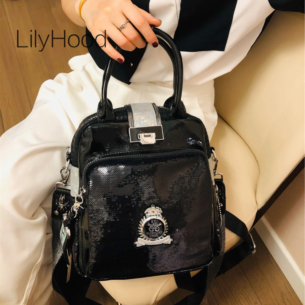 Women Fashion Sparkle Iridescent Paillette Backpack Female Tide PU ...