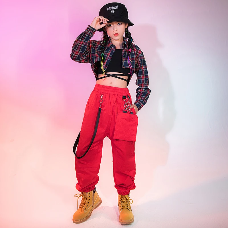 2021 Girls Hip Hop Clothing Plaid Shirt Crop Vest Red Loose Casual ...