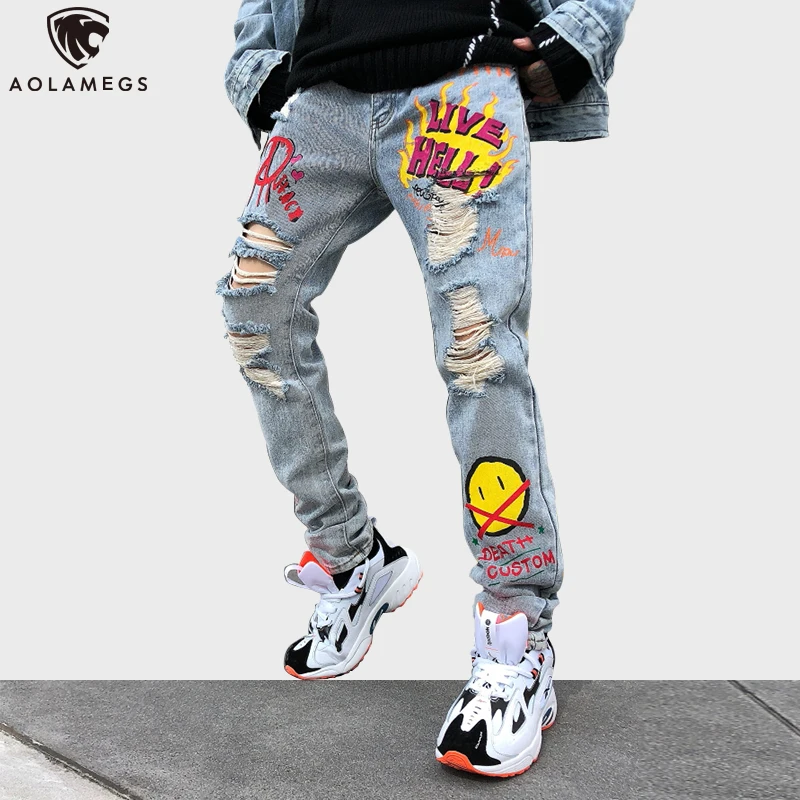Streetwear Graffiti Denim Pants Ripped Patchwork OUT0800