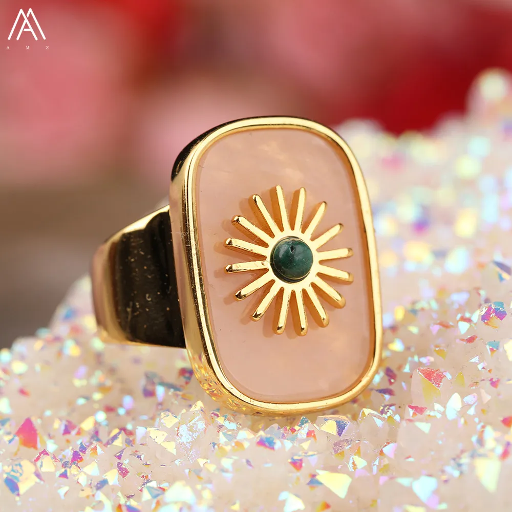 Natural-Gems-Stone-Gold-Adjustable-Open-Rings-Women-Paved-Sun-Flower ...