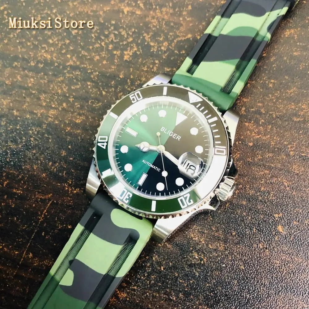 Bliger new 40mm sapphire glass black green dial date window ceramic ...