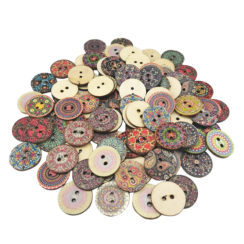 (100 pieces mixed) 2-hole wooden button craft circular sewing scrapbook ...