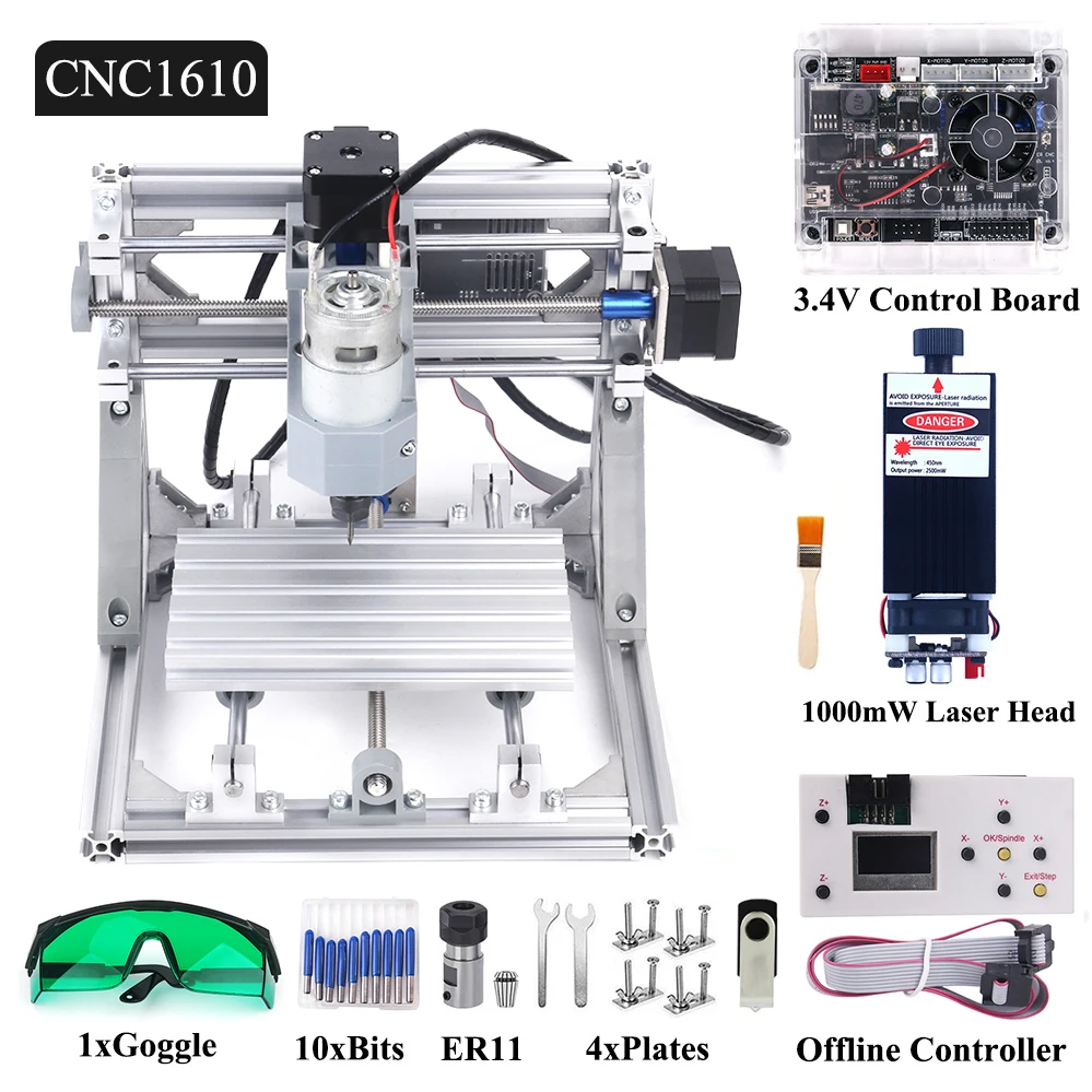 DIY CNC 1610 라우터 기계 CNC1610 미니 레이저 조각, 1000MW/2500MW/5500MW/7W/10W/15W ...