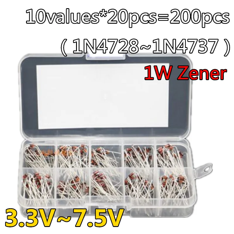 10valuesX20pcs=200pcs 1W Zener Diode Box Kit 3.3V~7.5V 1N4728 1N4729 1N4730 1N4731 1N4732 1N4733 ...