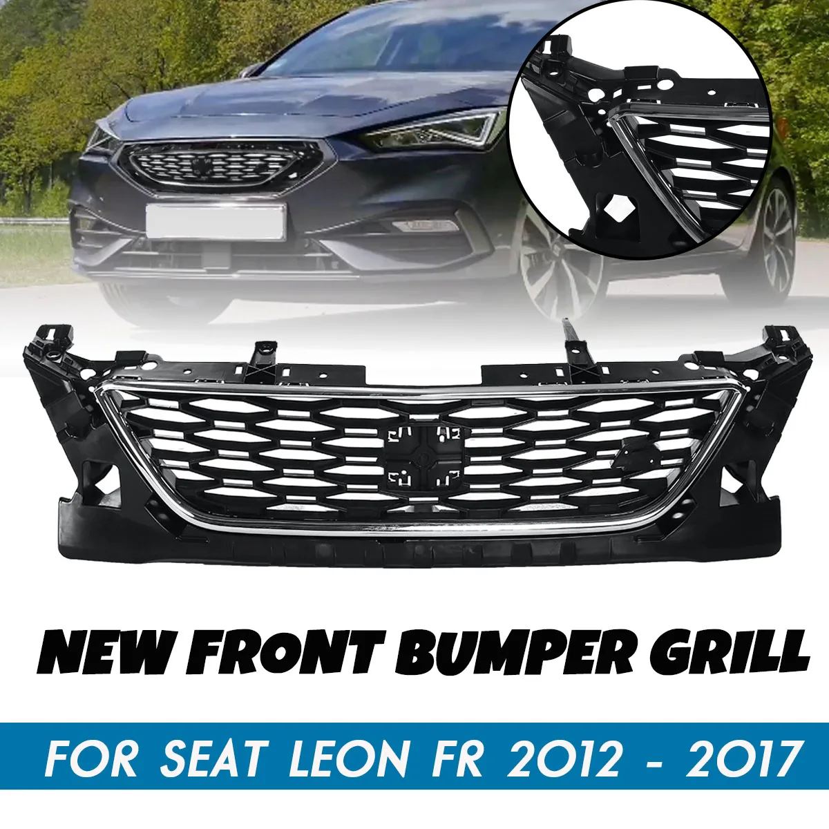 Auto-Upper-Centre-Front-Bumper-Main-Grille-Chrome-Moulding-Black-For ...
