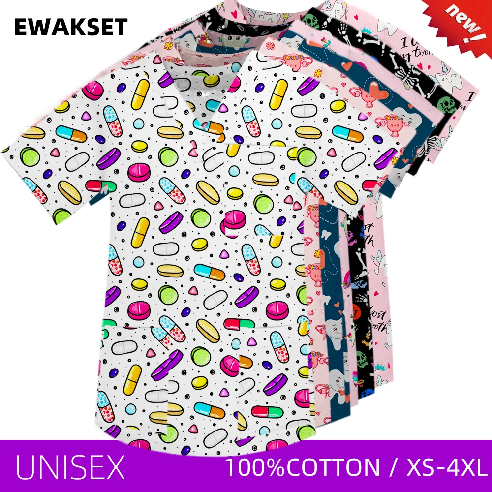 New-Medical-Scrub-Tops-Caps-Pill-Printed-Dentist-Shirt-Dental-Uniform ...