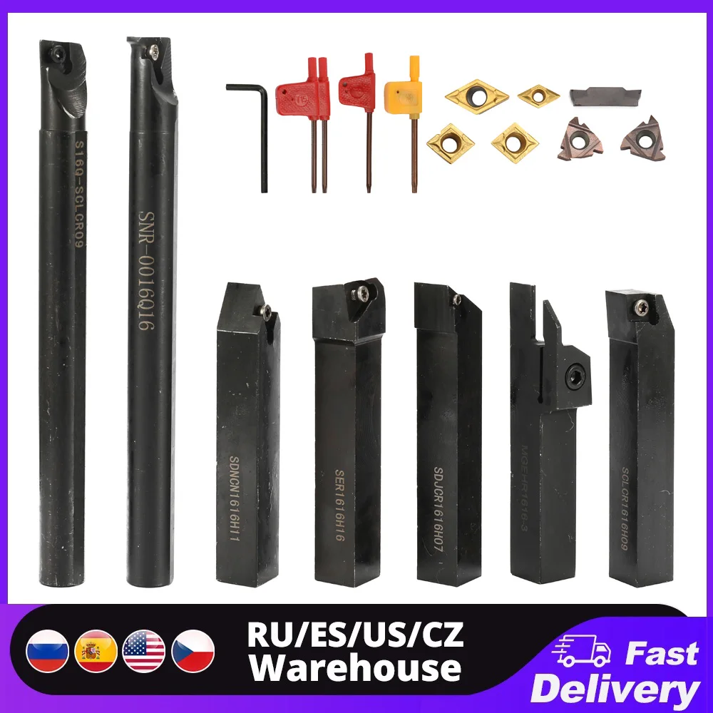 Metal-Lathe-Turner-Tool-16mm-Shank-7PCS-With-Carbide-Insert-Wrench-DIY ...