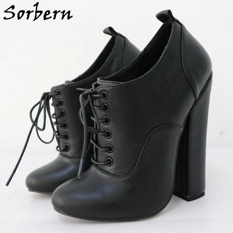 Sorbern Black Matte Block High Heel Women Pump 15Cm Heels Lace Up Round ...