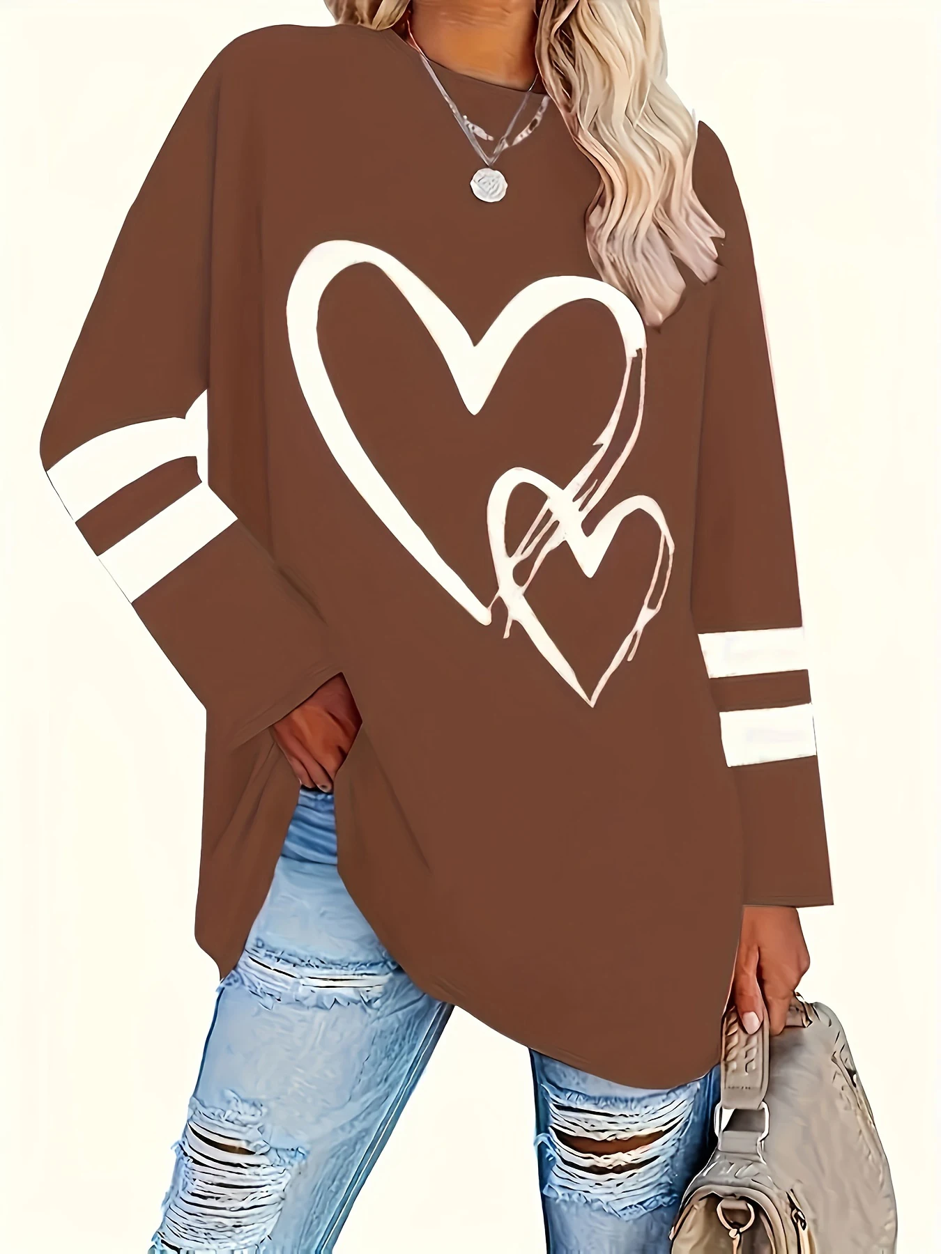 Plus Size eyelet hollow solid heart-shaped printed long-sleeved top ...