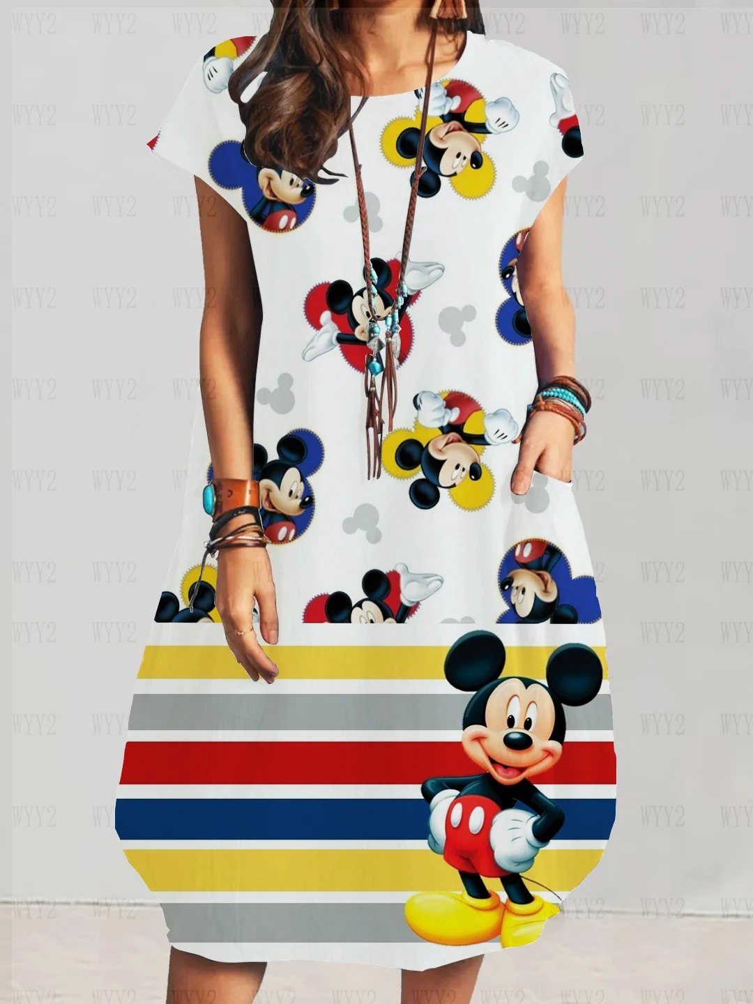 Summer Casual Disney Mickey Minnie Women Elegant Dress Office Pocket ...