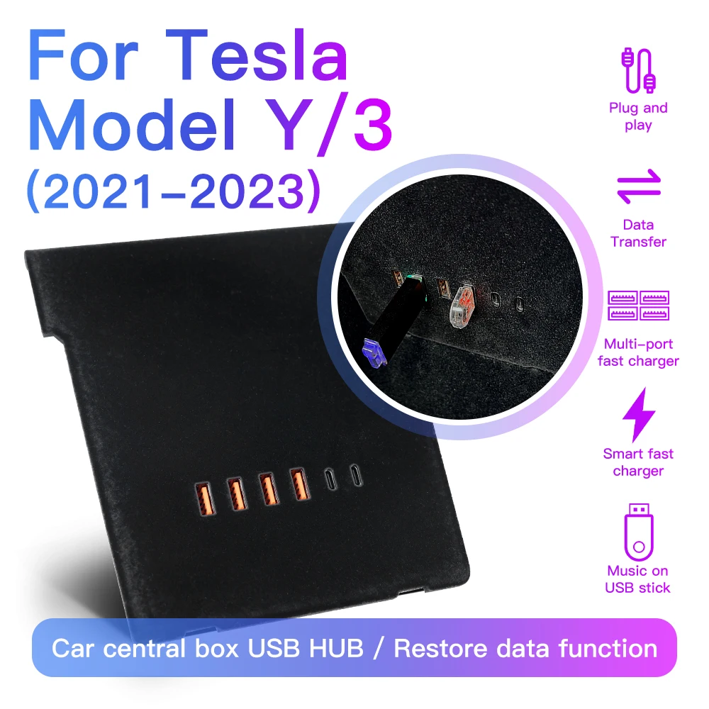 4 USB 2 Type-C Fast Charge Hub For Tesla Model 3 Y 2021 2022 2023 65W ...