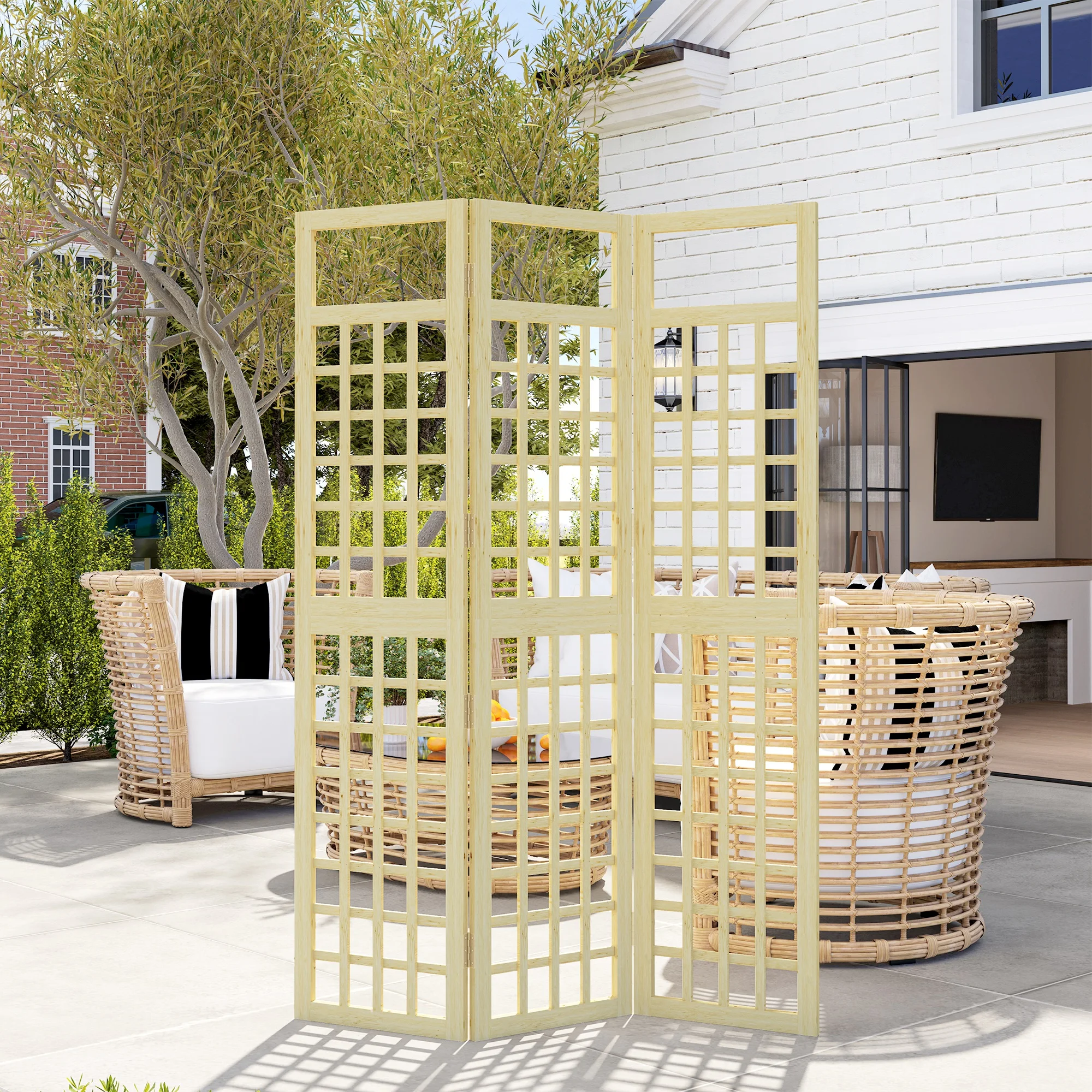Outsunny 3-Panel Garden Privacy Screen, Freestanding Foldable Wooden ...