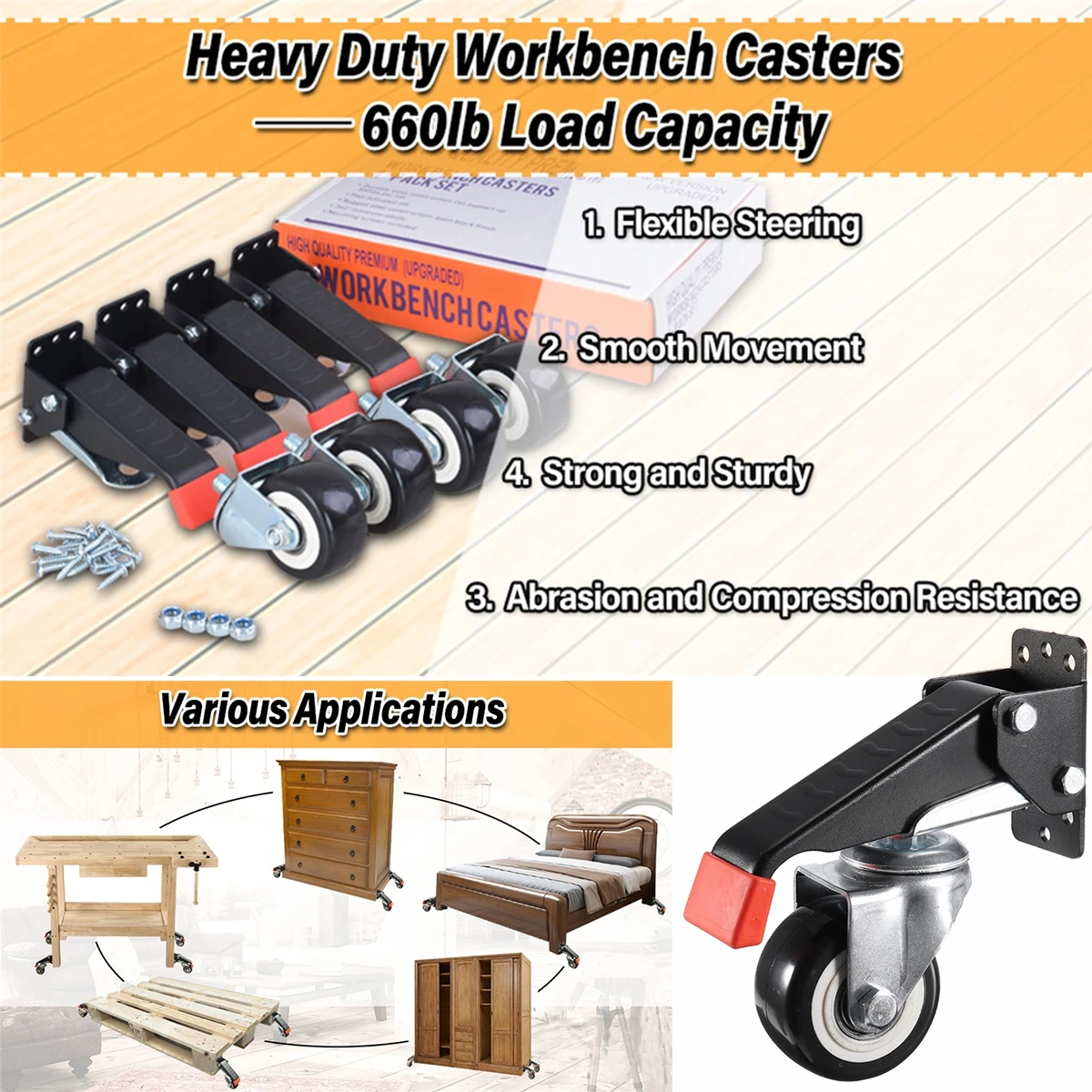 4pcs/Set Heavy Duty Workbench Casters Kit Retractable Caster Wheels for ...