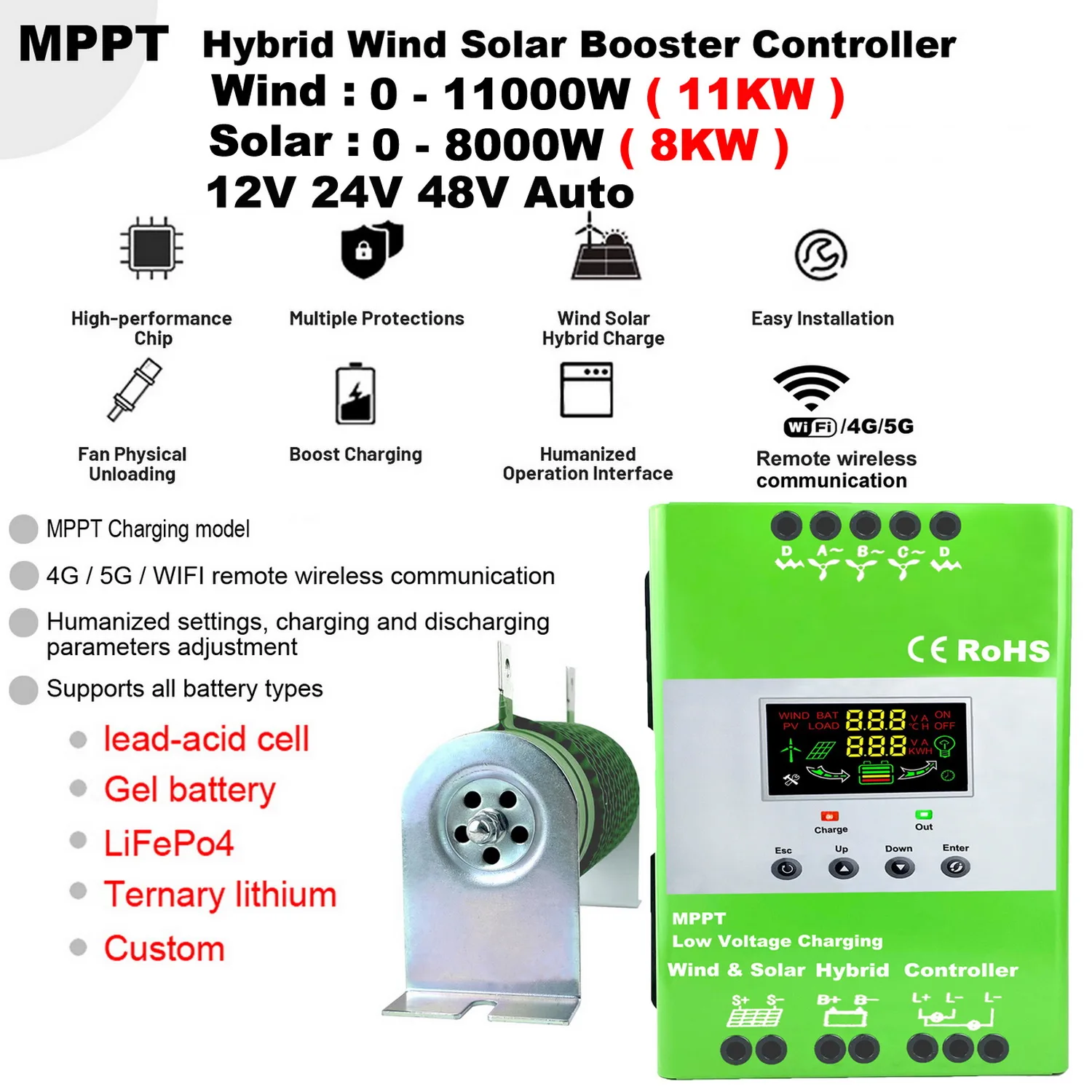 12V 24V 48V 6000W Wifi Wind Solar Hybrid Charge Controller, MPPT Charge ...