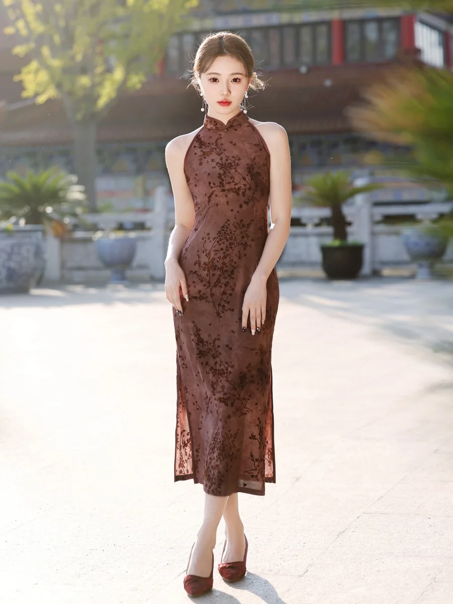 Spring-Summer-New-Chinese-Qipao-Brick-Red-Hanging-Neck-Flocking-Milk ...