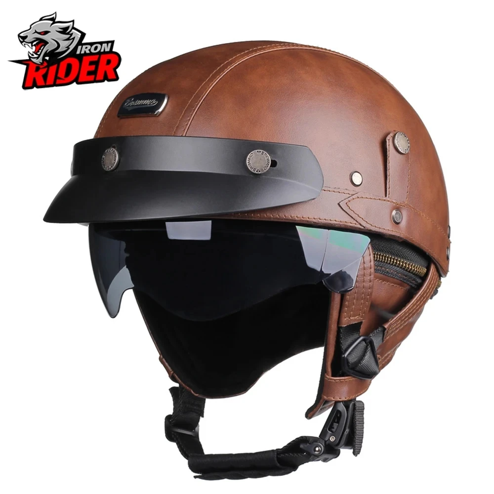 Summer Motorcycle Helmet Half PU Leather Retro Motorbike Helm Moto Bike ...