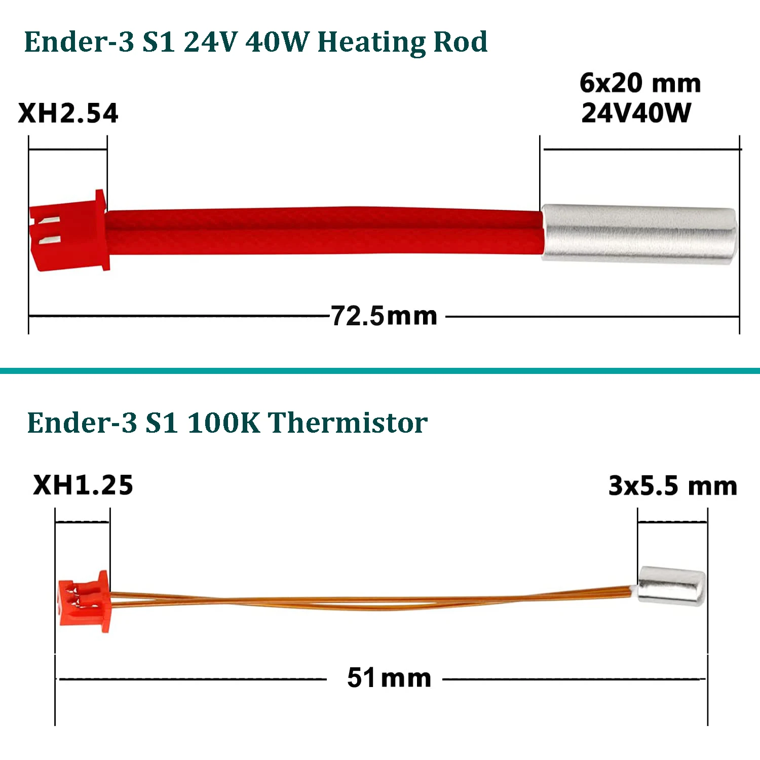 24V 40W Cartridge Heater Ender 3 S1 Heating Rod 100K Thermistor Tempe